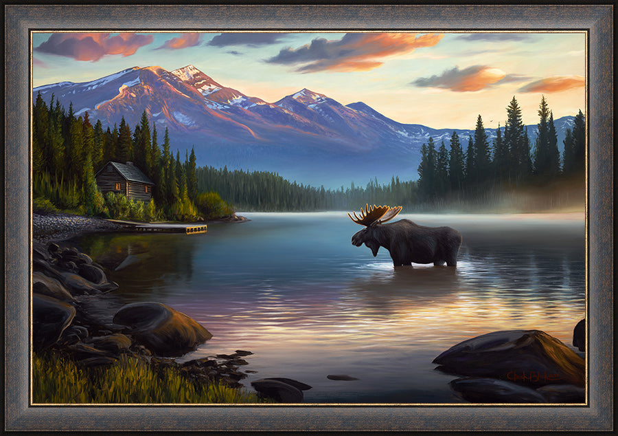 'The Rising Sun' - Framed Moose Cabin Landscape Art – Chuck Black Art