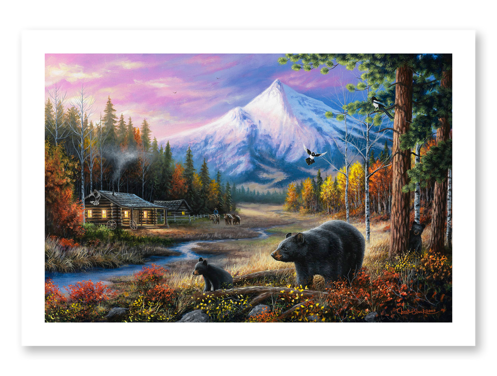 "Routine Visitors" Rustic Cabin Landscape Art Print – Chuck Black Art