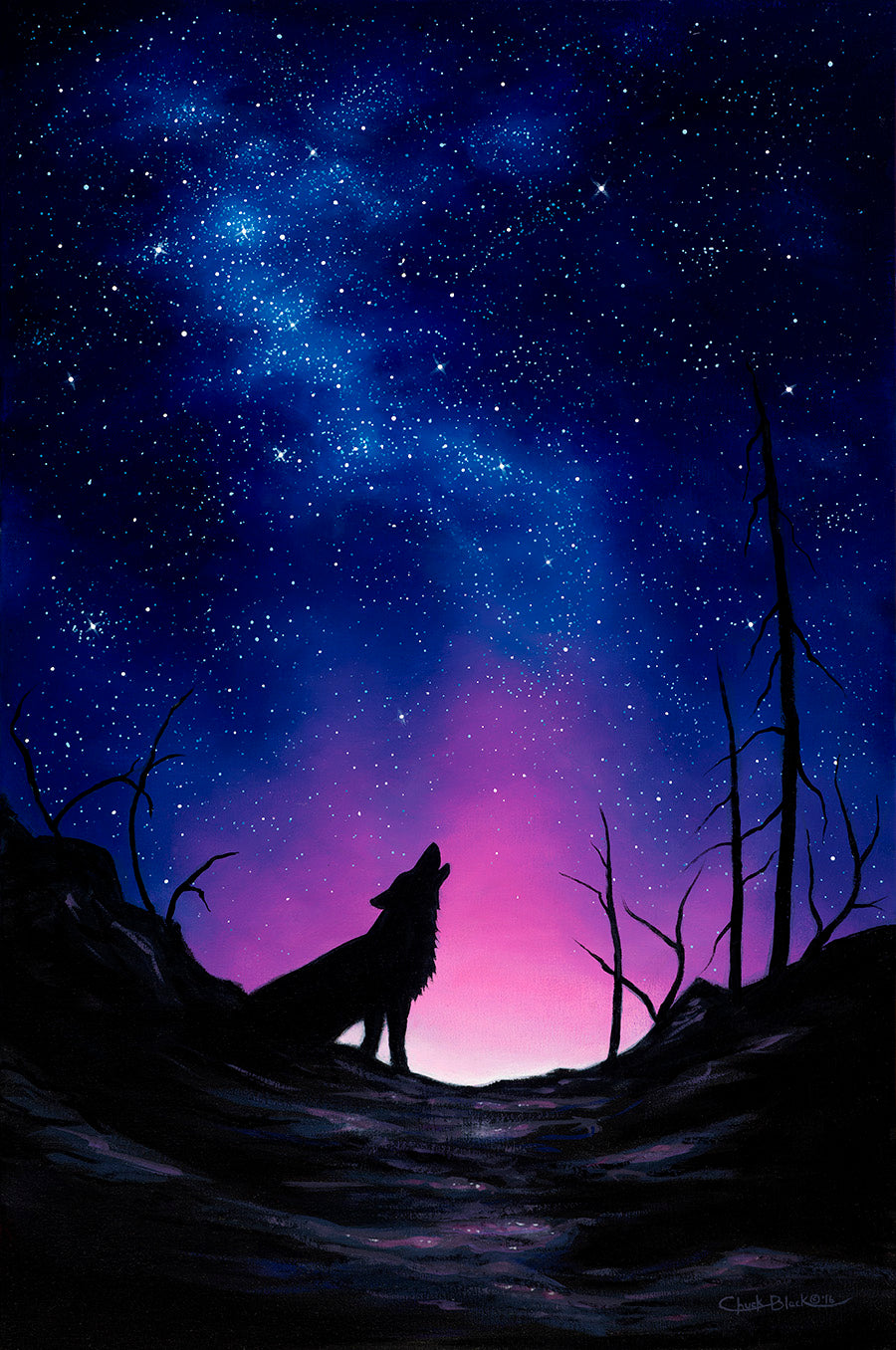 Original Howling Wolf Painting - "Starry Night" 18x12 – Chuck Black Art