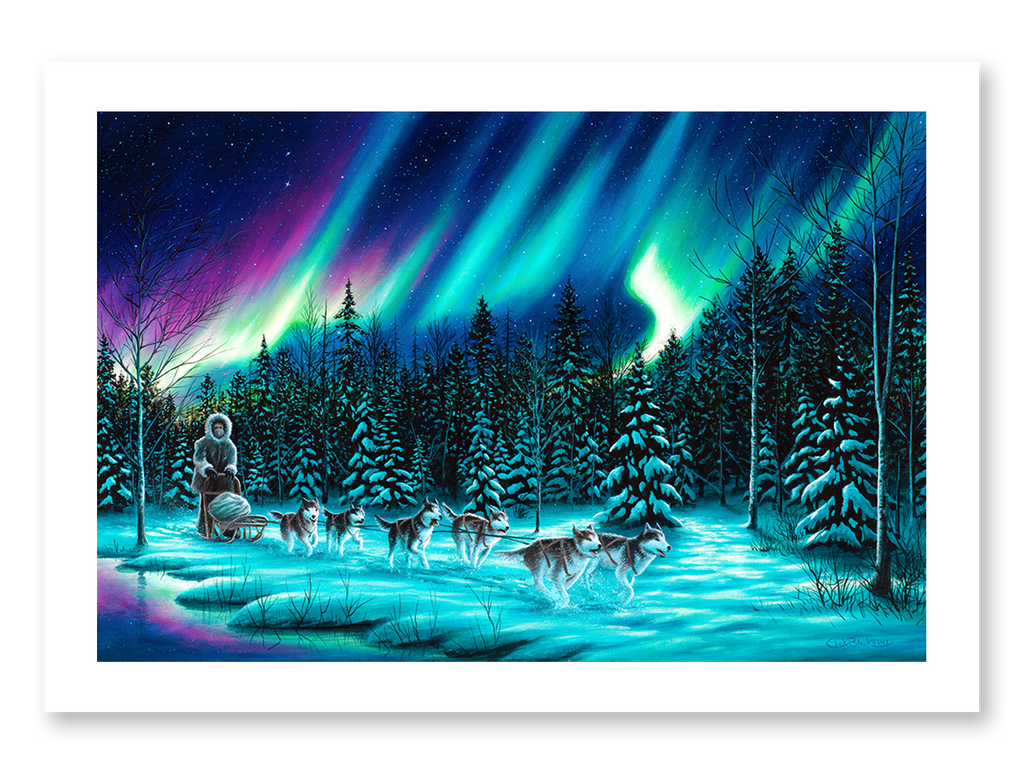 "The Perfect Ride" - Northern Lights Dog Sled Art Print – Chuck Black Art