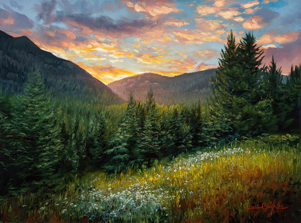 "Blossoming" 12x16 Sunrise Mountain Landscape Painting – Chuck Black Art