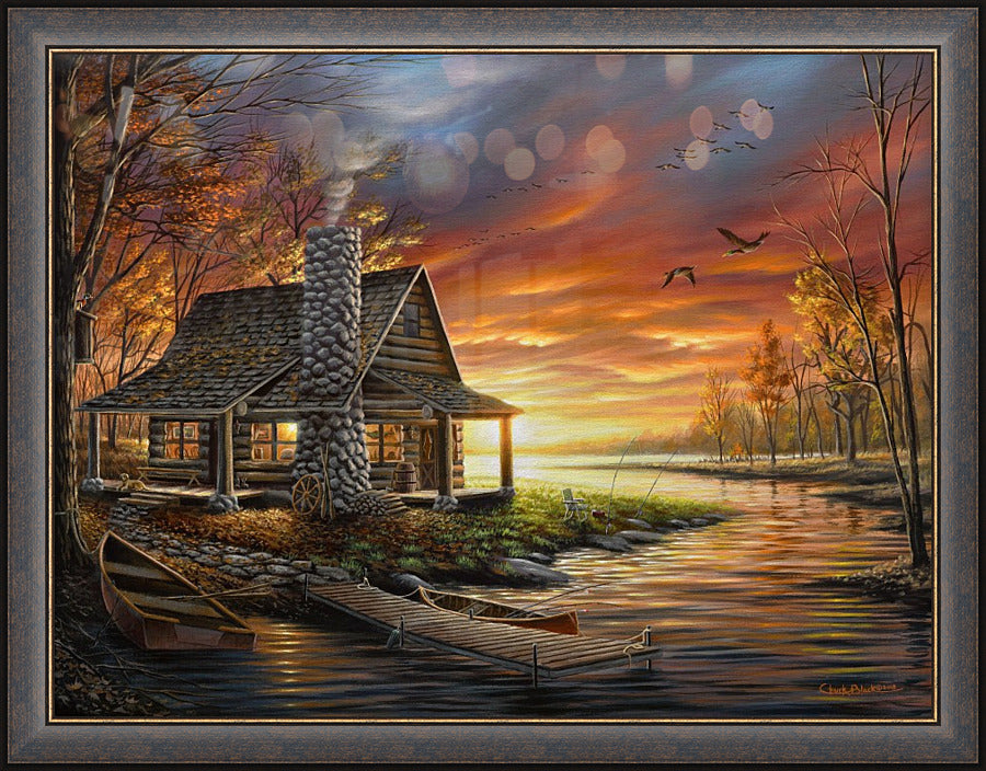 "The Perfect Spot" - Framed Rustic Lake Cabin Art Print – Chuck Black Art